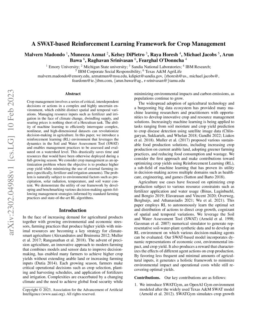 A Swat Based Reinforcement Learning Framework For Crop Management Deepai