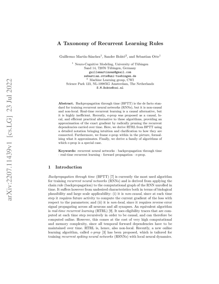 A Taxonomy of Recurrent Learning Rules | DeepAI