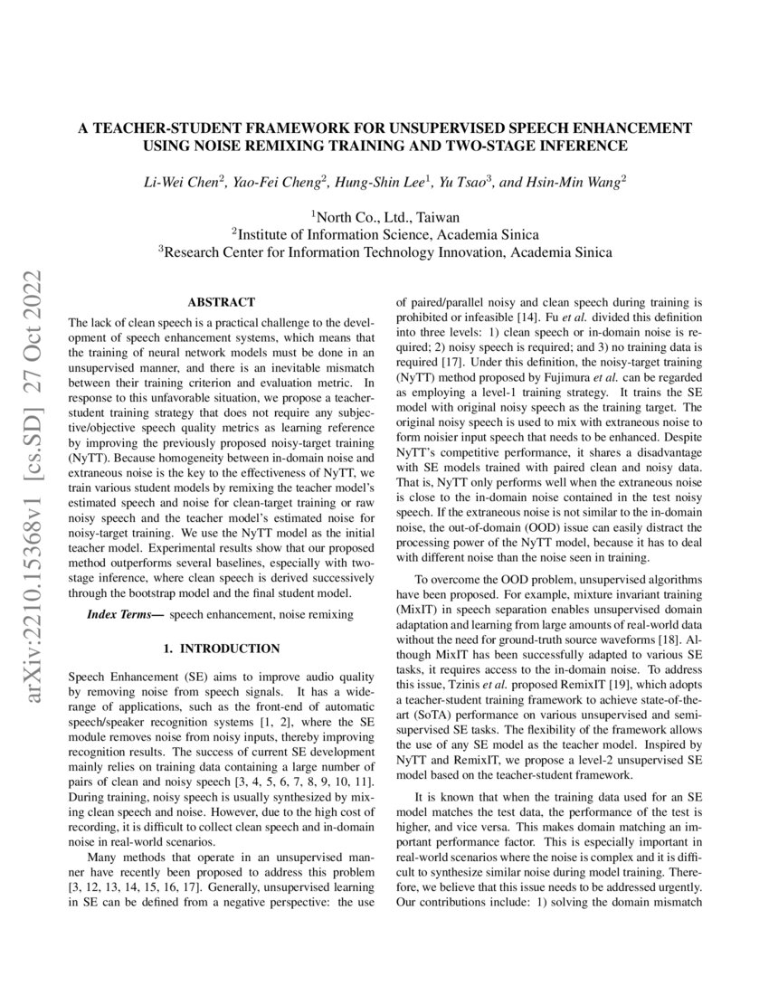 A Teacher-student Framework for Unsupervised Speech Enhancement Using Noise Remixing Training ...
