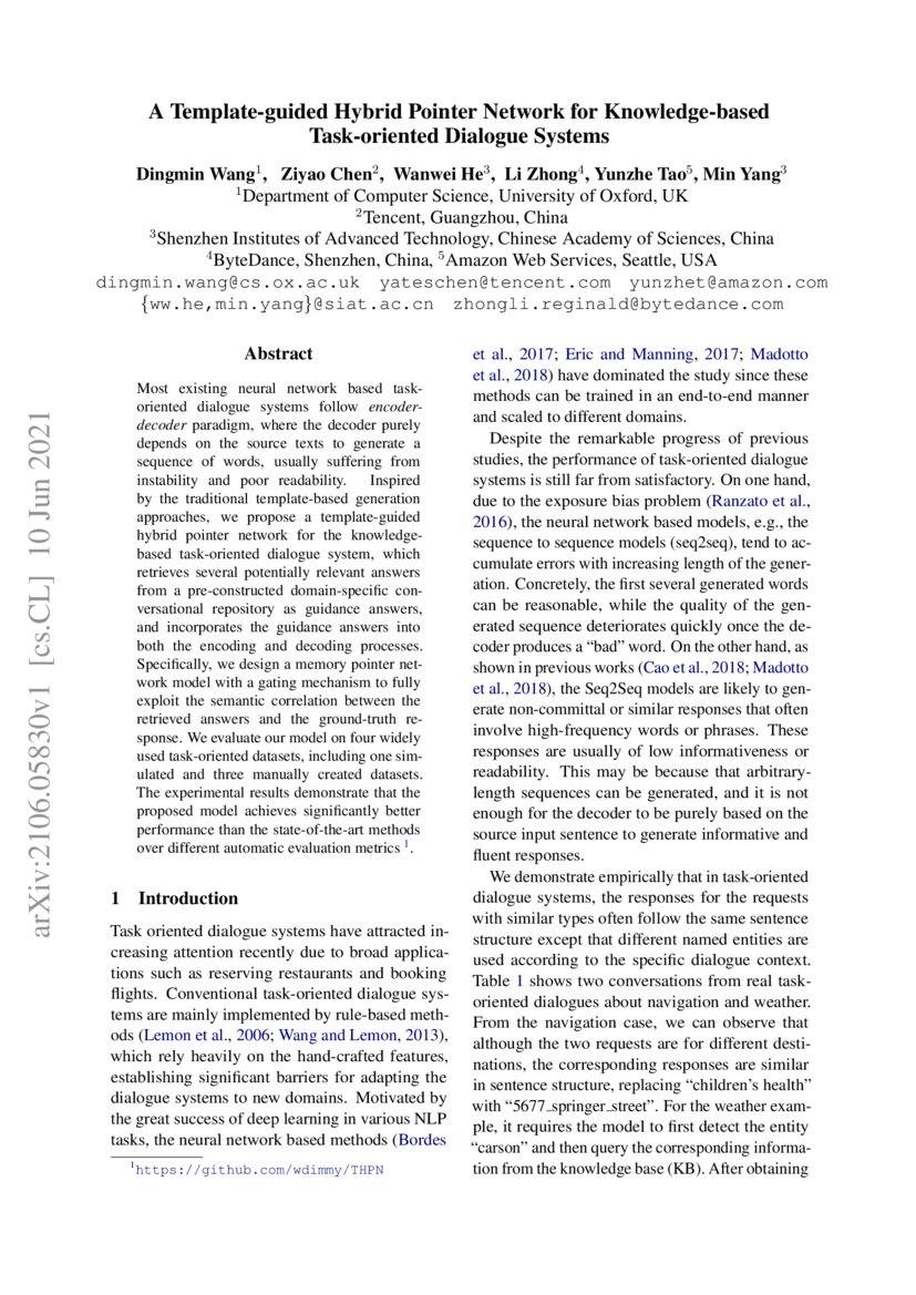 A Template Guided Hybrid Pointer Network For Knowledge Basedtask Oriented Dialogue Systems Deepai