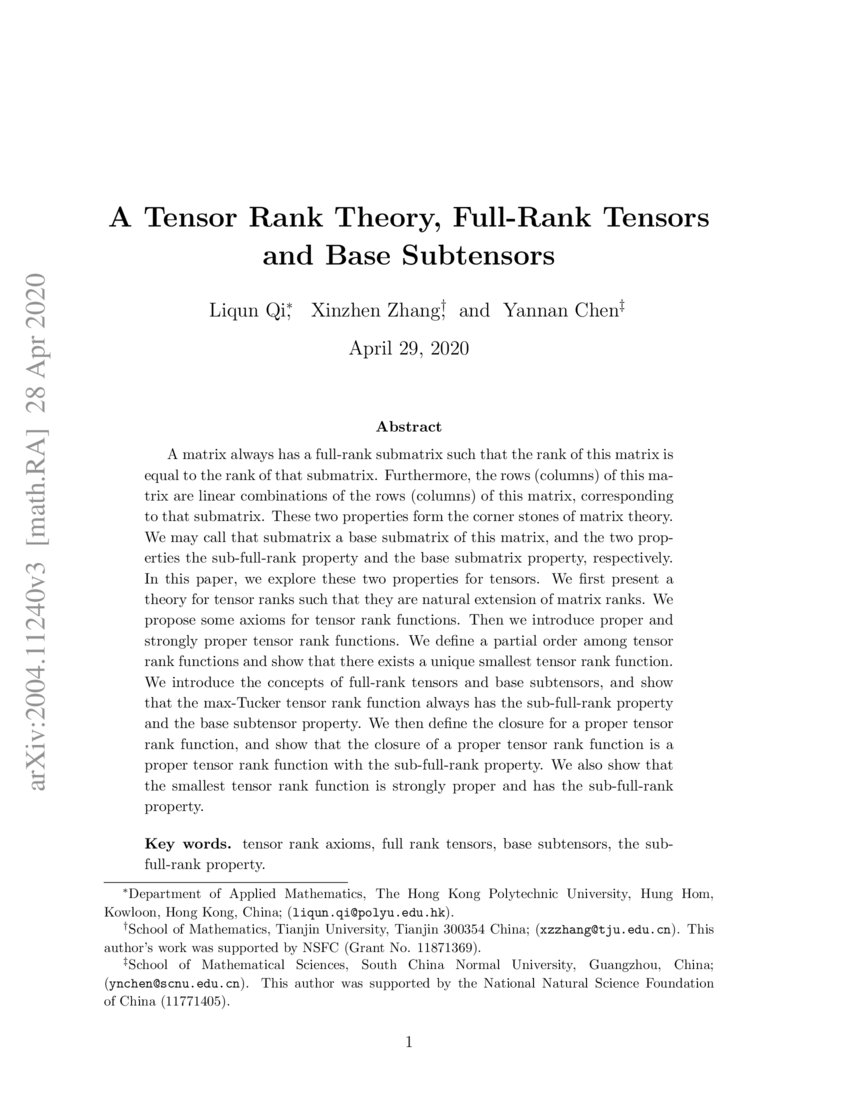 A Tensor Rank Theory, Full-Rank Tensors and Base Subtensors | DeepAI