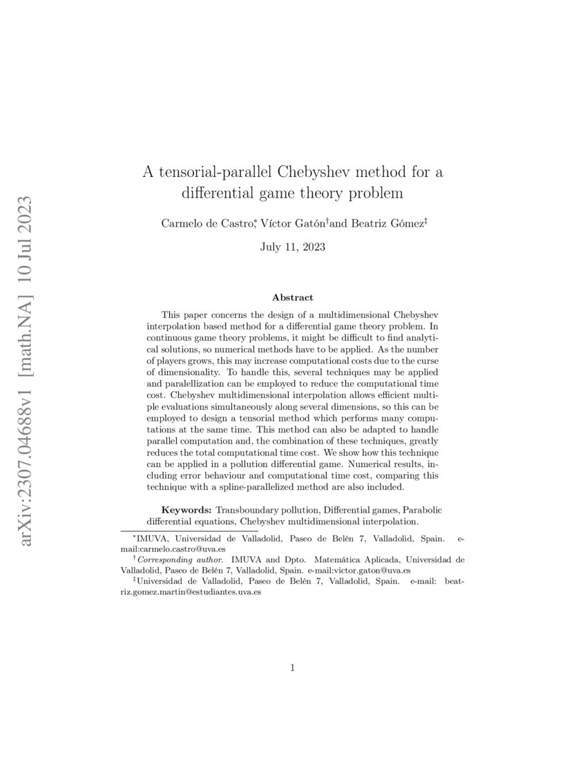 A tensorial-parallel Chebyshev method for a differential game theory problem | DeepAI