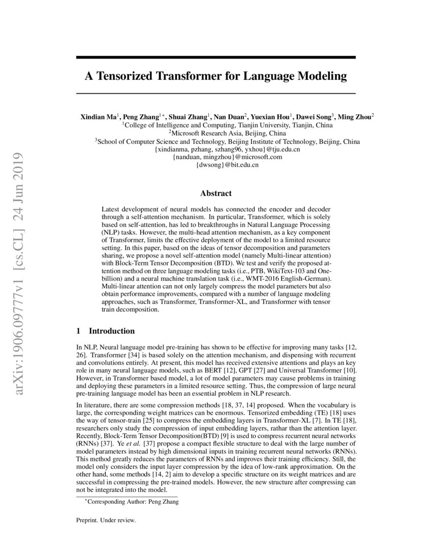 A Tensorized Transformer For Language Modeling Deepai 