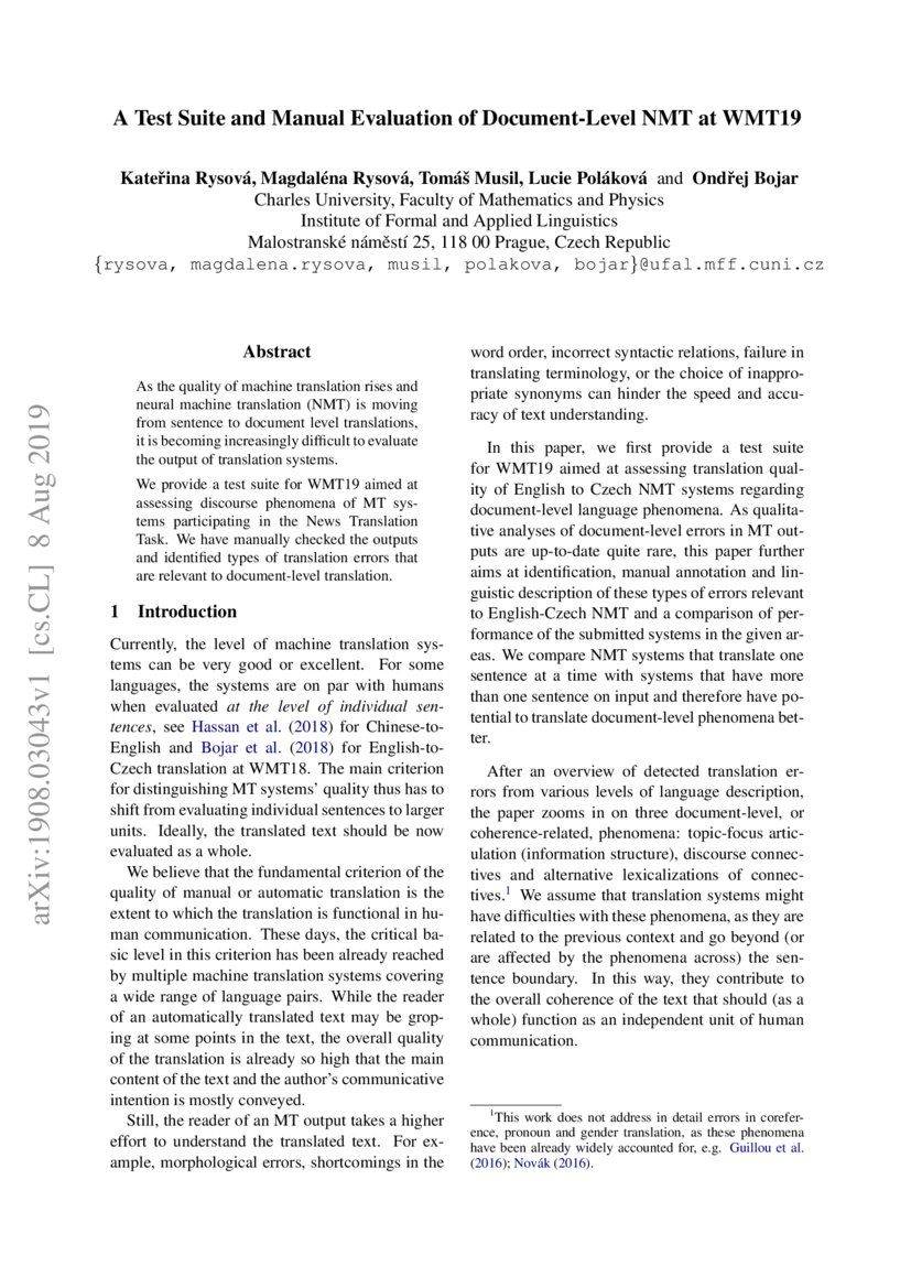 A Test Suite and Manual Evaluation of Document-Level NMT at WMT19 | DeepAI