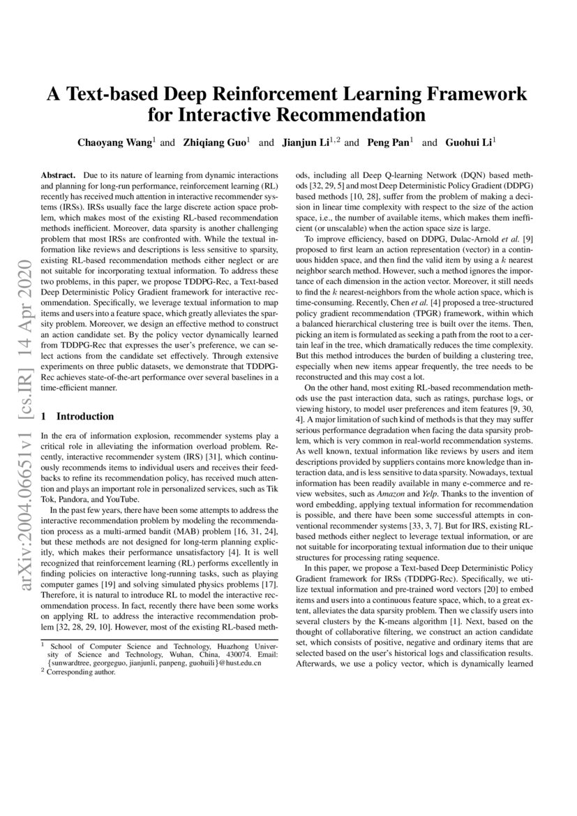 A Text-based Deep Reinforcement Learning Framework for Interactive Recommendation | DeepAI