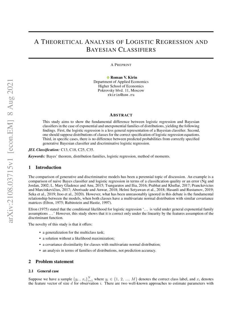 A Theoretical Analysis of Logistic Regression and Bayesian Classifiers ...