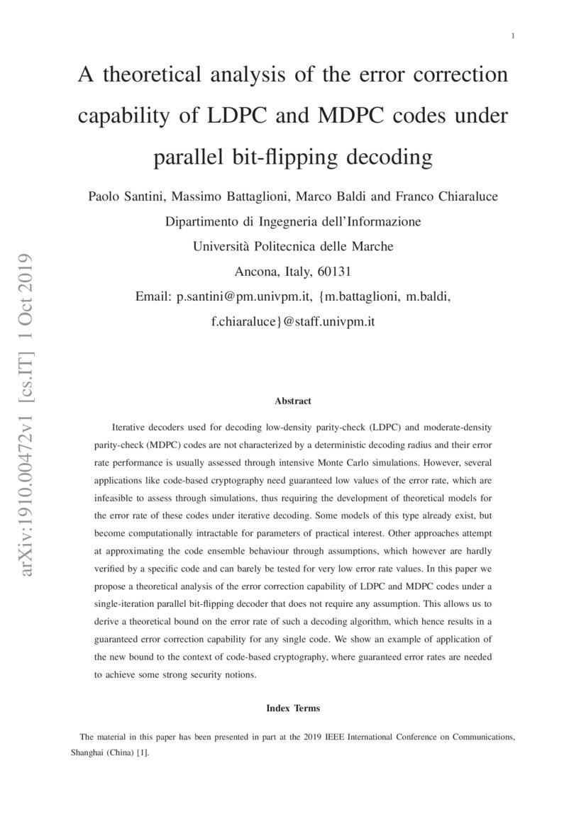 A theoretical analysis of the error correction capability of LDPC and MDPC codes under parallel ...