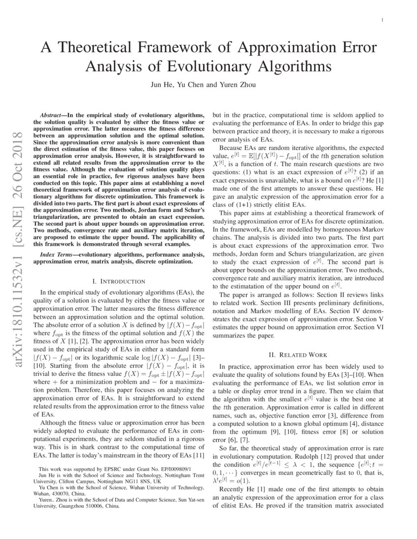 A Theoretical Framework Of Approximation Error Analysis Of Evolutionary Algorithms Deepai