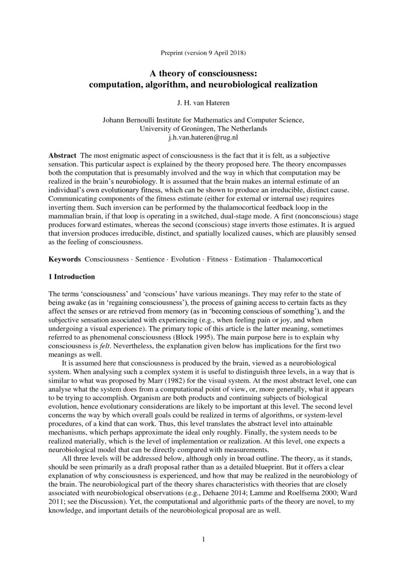 A theory of consciousness: computation, algorithm, and neurobiological ...