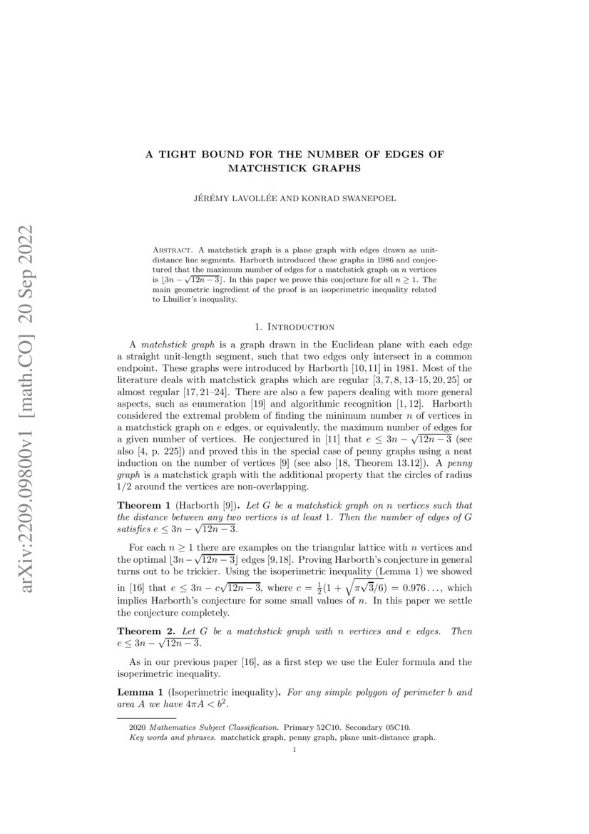 A tight bound for the number of edges of matchstick graphs | DeepAI