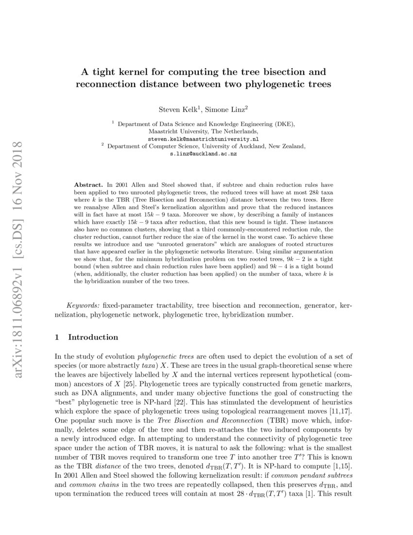 A tight kernel for computing the tree bisection and reconnection ...