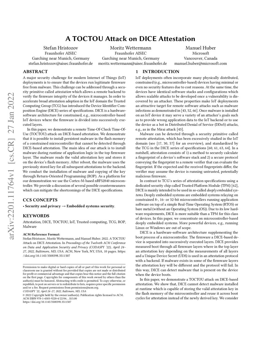 A TOCTOU Attack on DICE Attestation | DeepAI