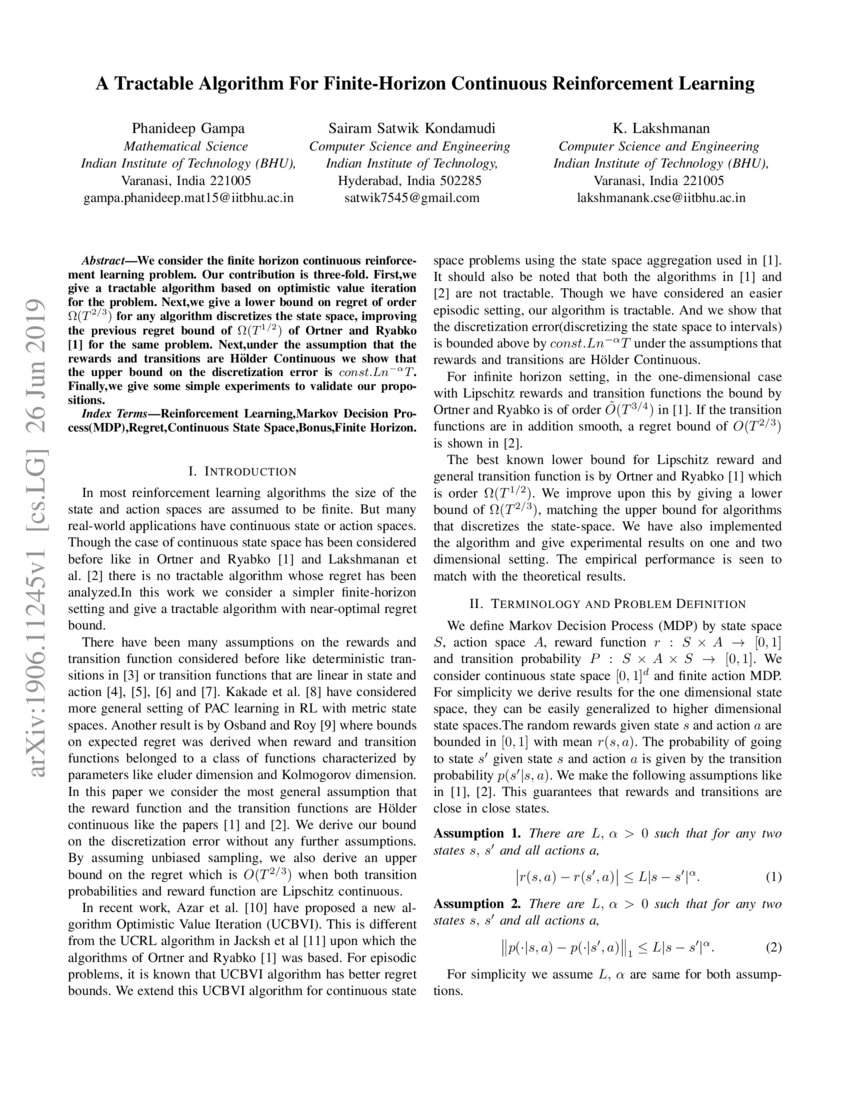 A Tractable Algorithm For Finite Horizon Continuous Reinforcement Learning Deepai