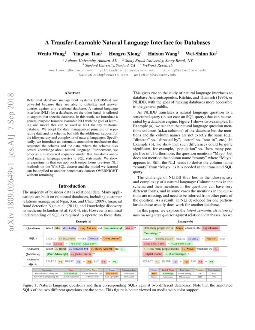 A Transfer-Learnable Natural Language Interface for Databases | DeepAI