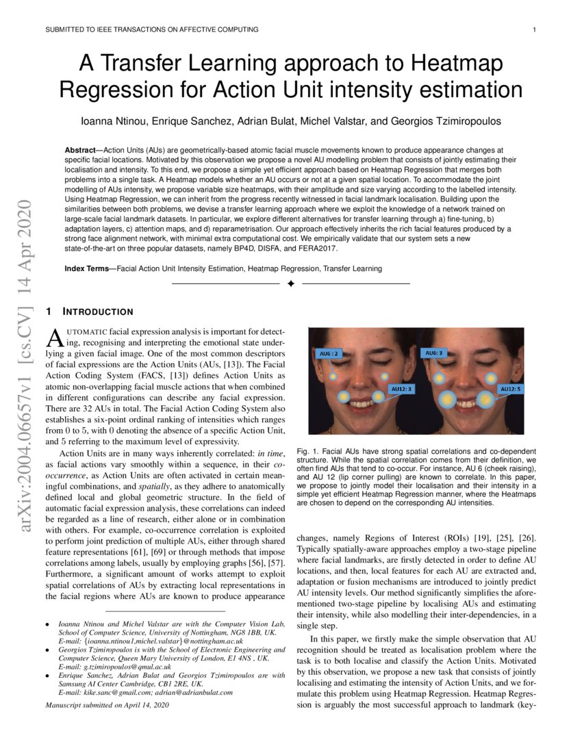 A Transfer Learning approach to Heatmap Regression for Action Unit intensity estimation | DeepAI