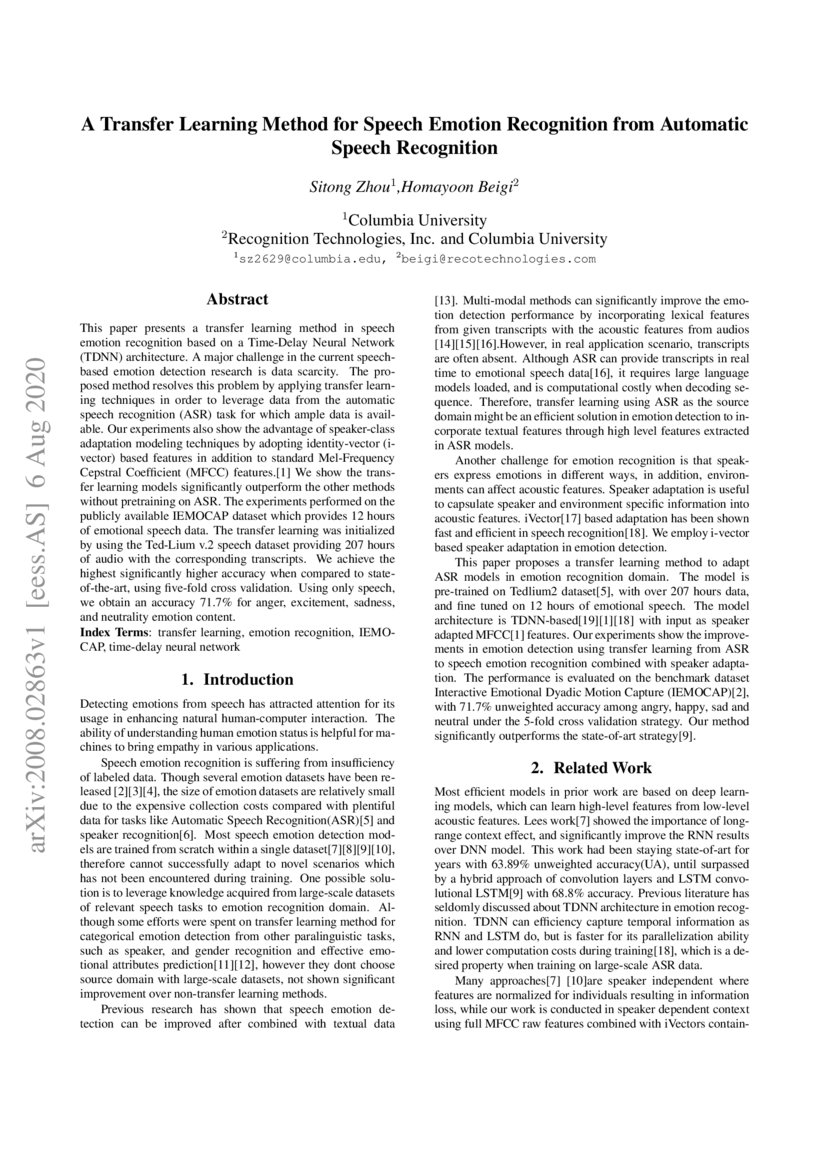 A Transfer Learning Method for Speech Emotion Recognition from Automatic Speech Recognition | DeepAI