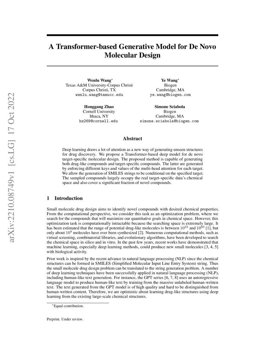A Transformer Based Generative Model For De Novo Molecular Design Deepai
