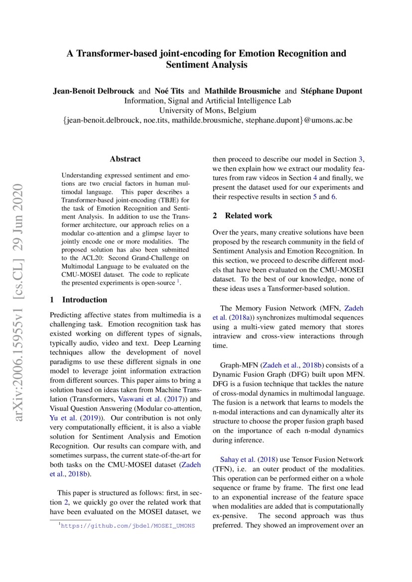 A Transformer Based Joint Encoding For Emotion Recognition And Sentiment Analysis Deepai