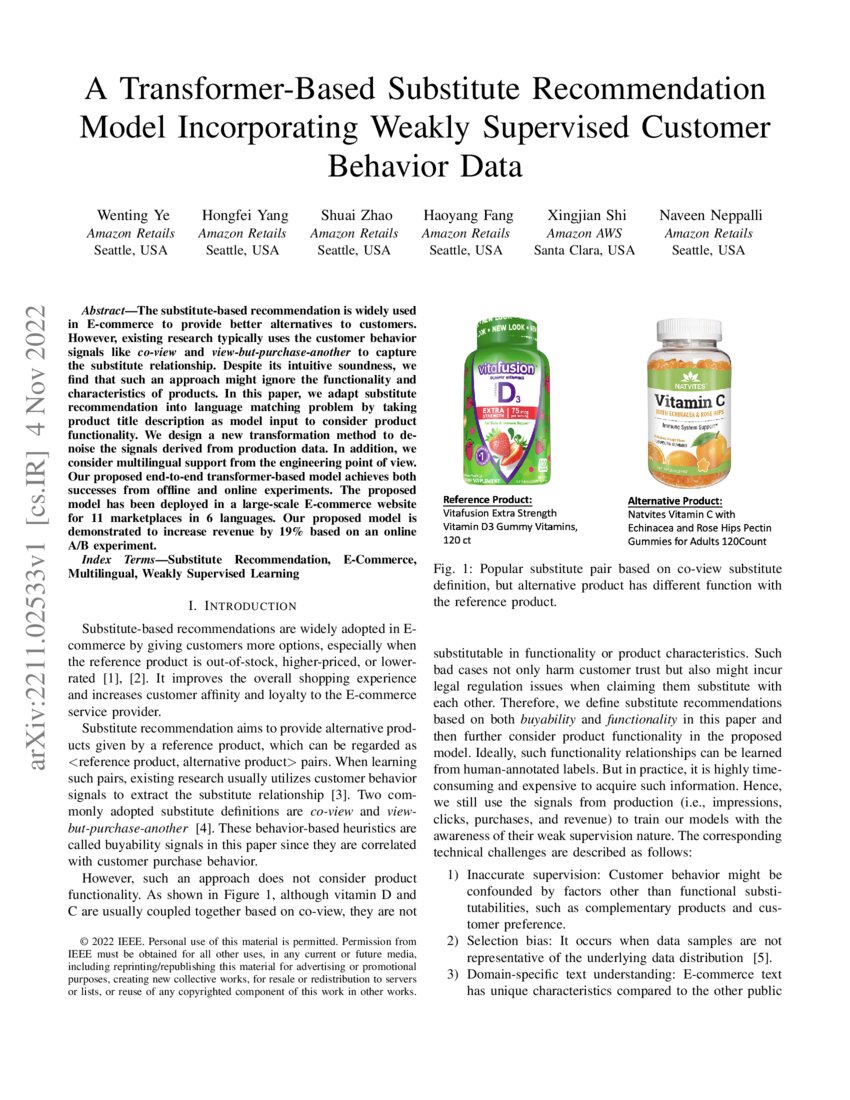 A Transformer-Based Substitute Recommendation Model Incorporating Weakly Supervised Customer ...