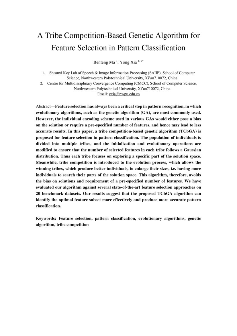 A Tribe Competition-Based Genetic Algorithm for Feature Selection in ...