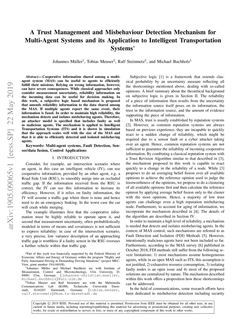 A Trust Management and Misbehaviour Detection Mechanism for Multi-Agent Systems and its ...