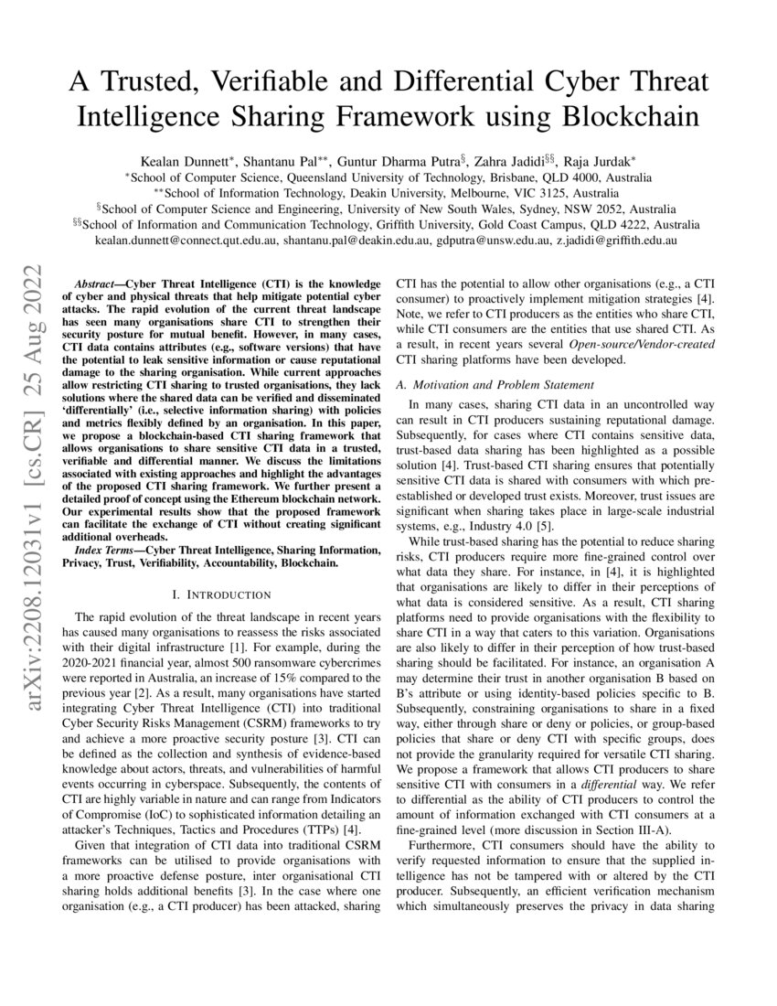 A Trusted, Verifiable and Differential Cyber Threat Intelligence Sharing Framework using ...