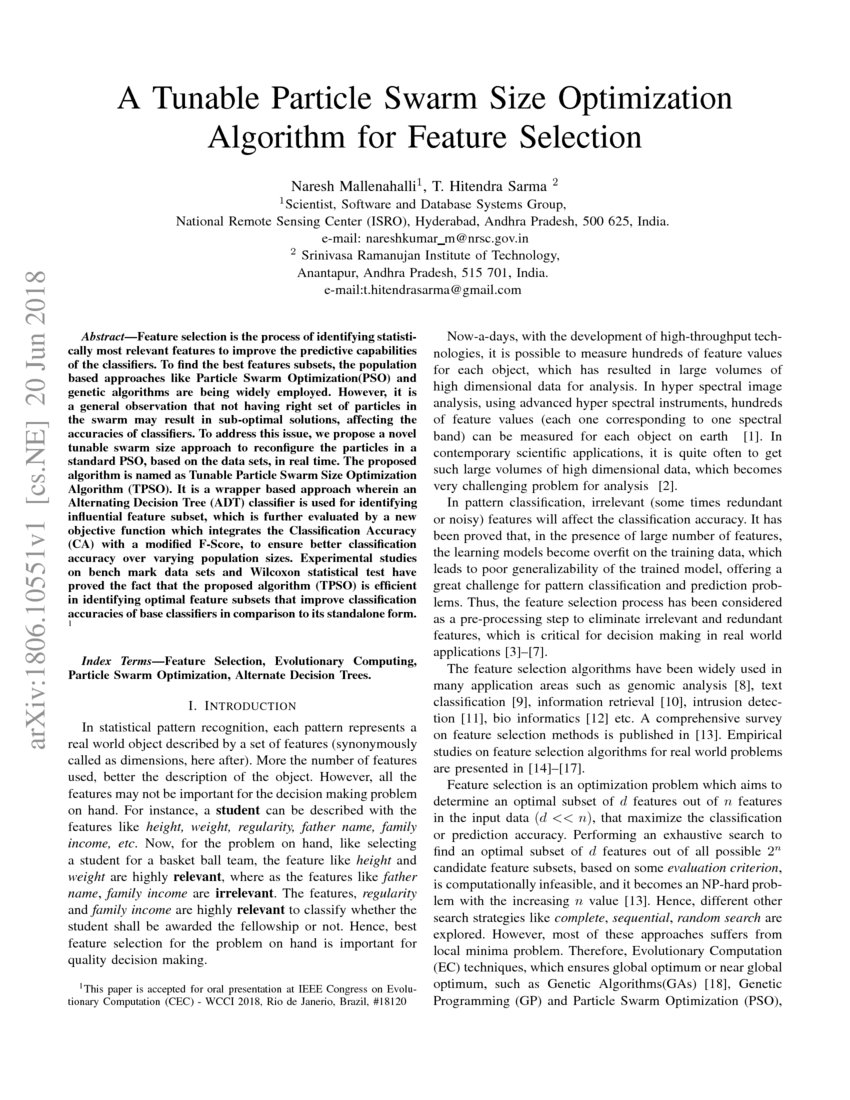 A Tunable Particle Swarm Size Optimization Algorithm For Feature Selection Deepai
