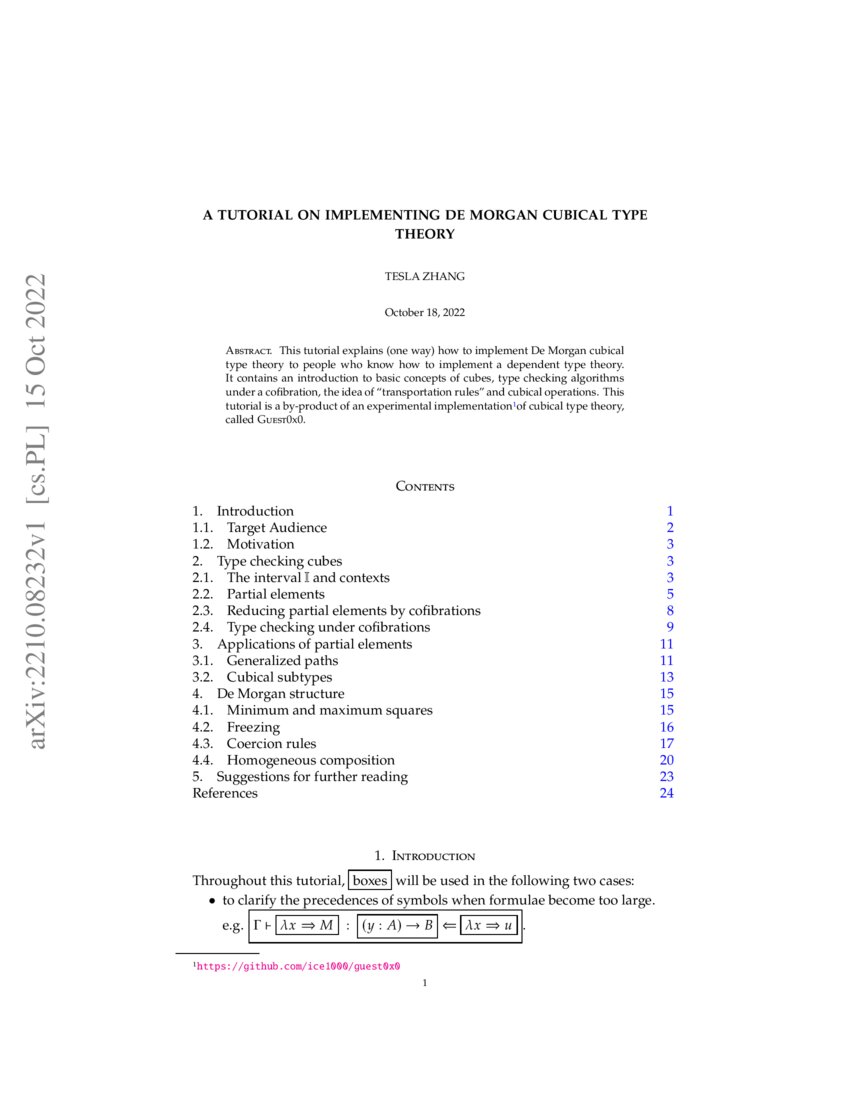 A tutorial on implementing De Morgan cubical type theory | DeepAI