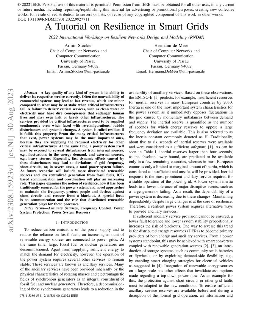 A Tutorial on Resilience in Smart Grids | DeepAI