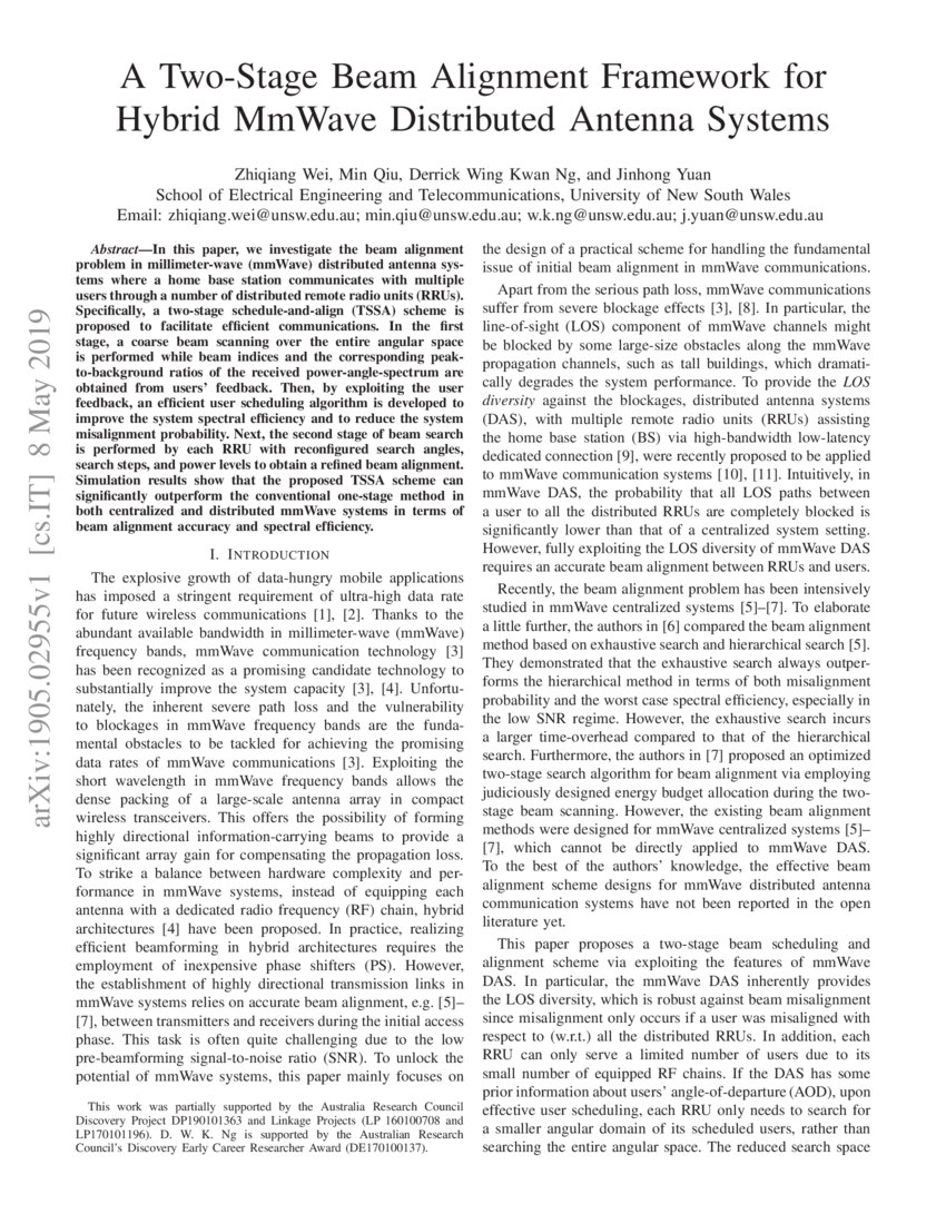 A Two-Stage Beam Alignment Framework for Hybrid MmWave Distributed Antenna Systems | DeepAI
