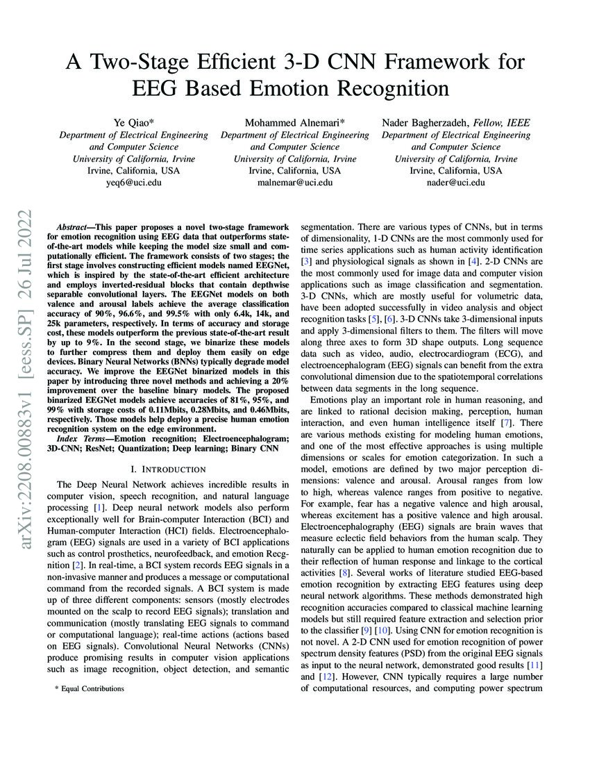 A Two-Stage Efficient 3-D CNN Framework for EEG Based Emotion Recognition | DeepAI