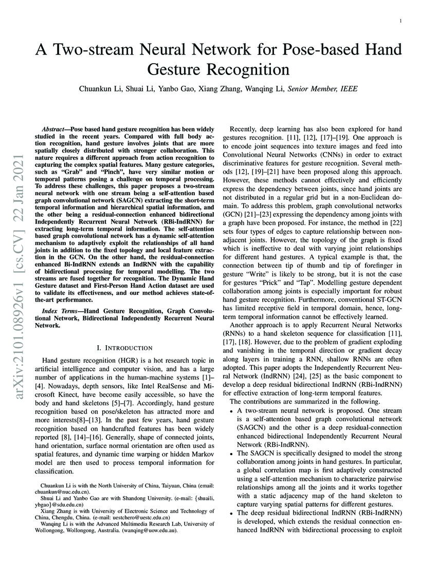 A Two-stream Neural Network for Pose-based Hand Gesture Recognition | DeepAI