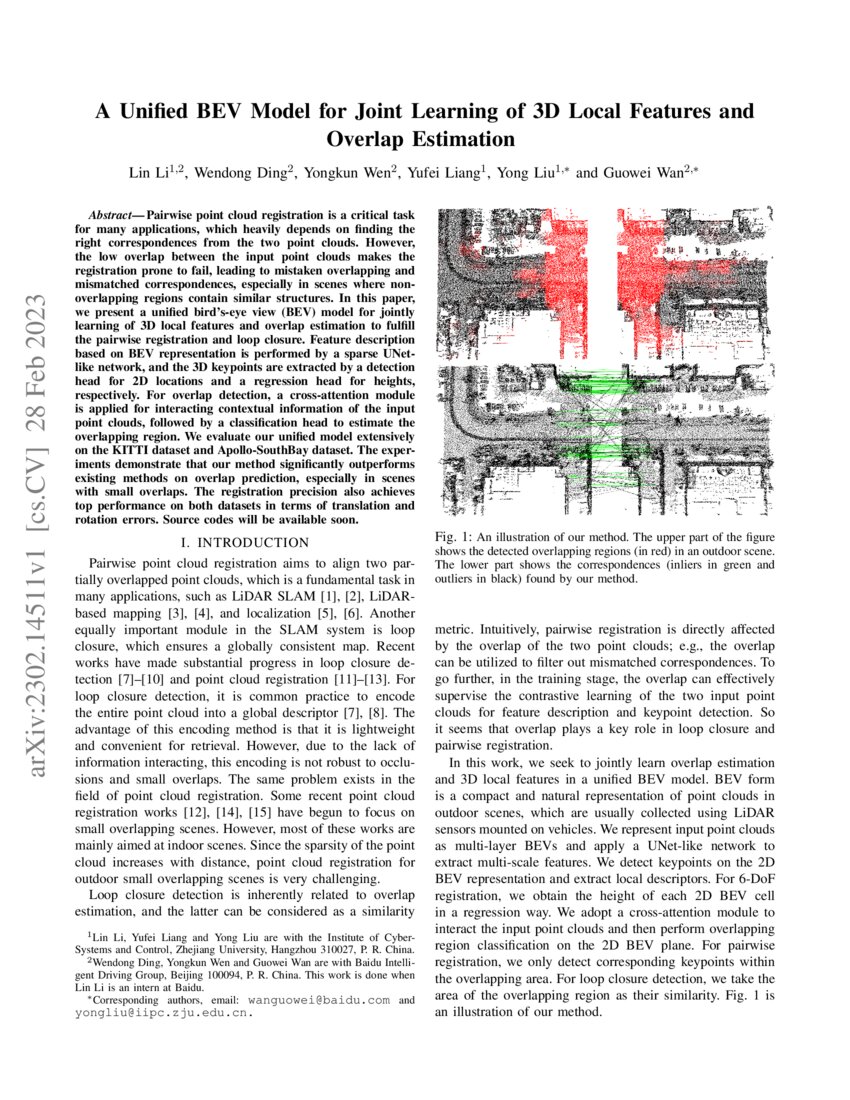 A Unified BEV Model for Joint Learning of 3D Local Features and Overlap Estimation | DeepAI