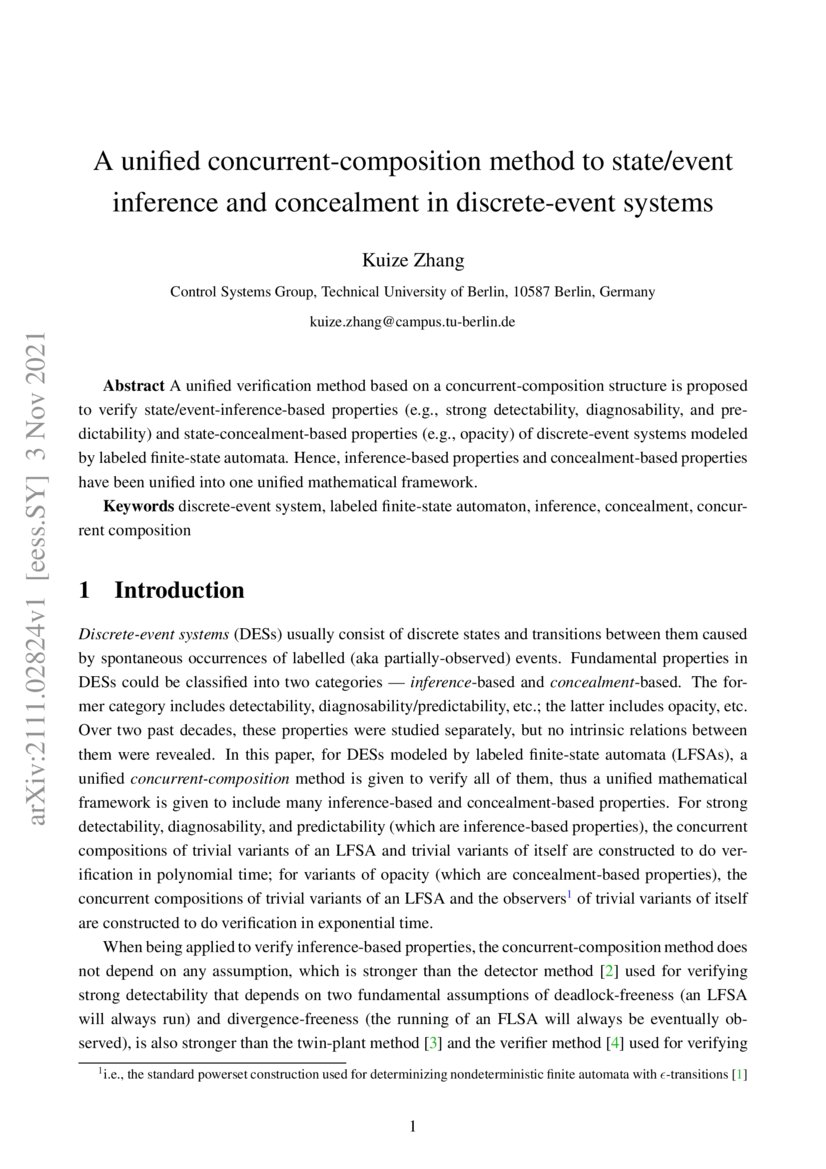 A unified concurrent-composition method to state/event inference and concealment in discrete ...