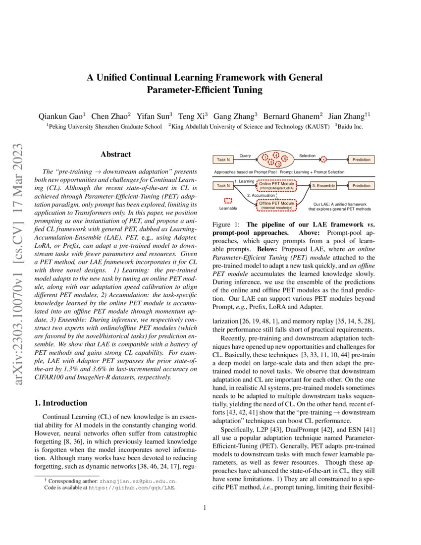 A Unified Continual Learning Framework With General Parameter Efficient Tuning Deepai 8793