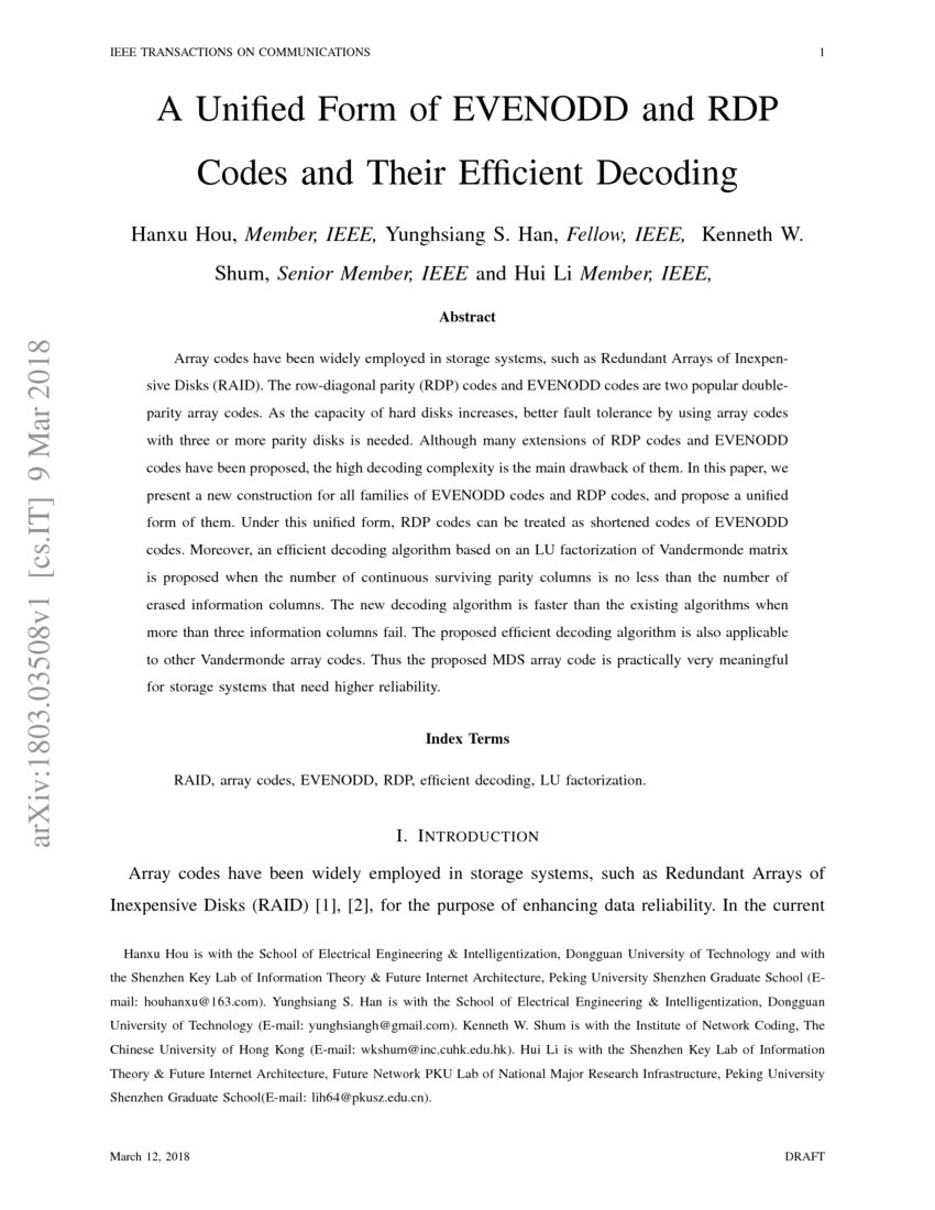 A Unified Form Of Evenodd And Rdp Codes And Their Efficient Decoding Deepai