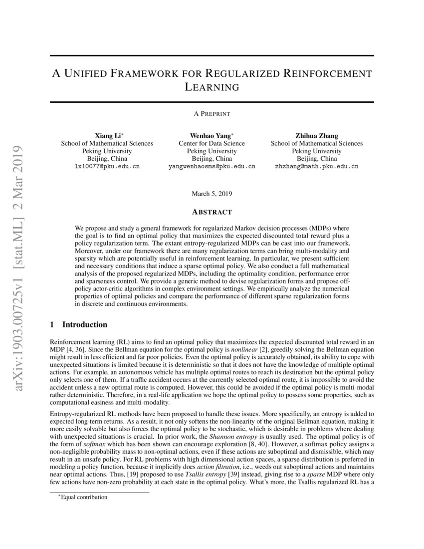 A Unified Framework For Regularized Reinforcement Learning Deepai