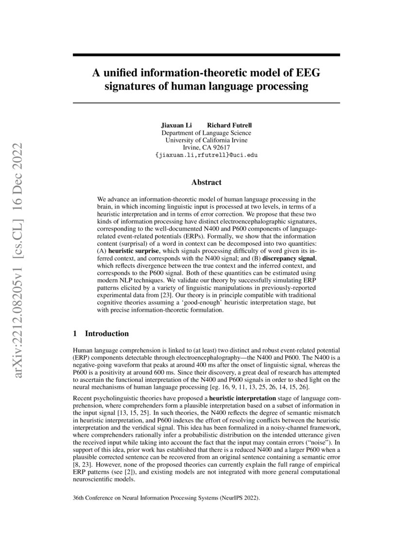 A unified information-theoretic model of EEG signatures of human language processing | DeepAI