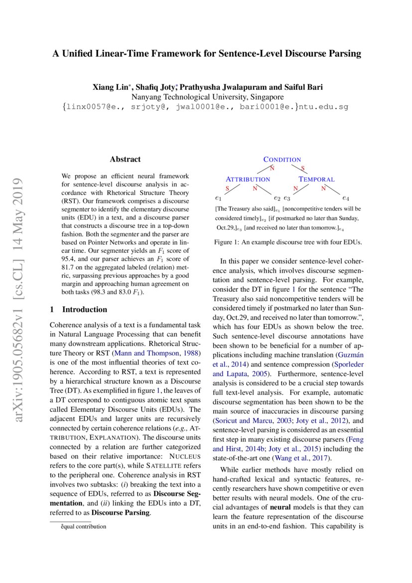 A Unified Linear Time Framework For Sentence Level Discourse Parsing Deepai