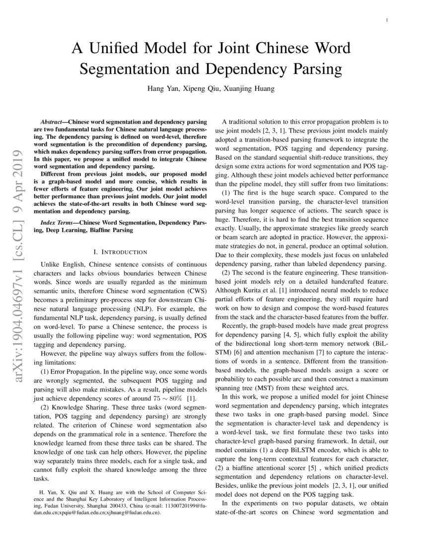 A Unified Model For Joint Chinese Word Segmentation And Dependency Parsing Deepai