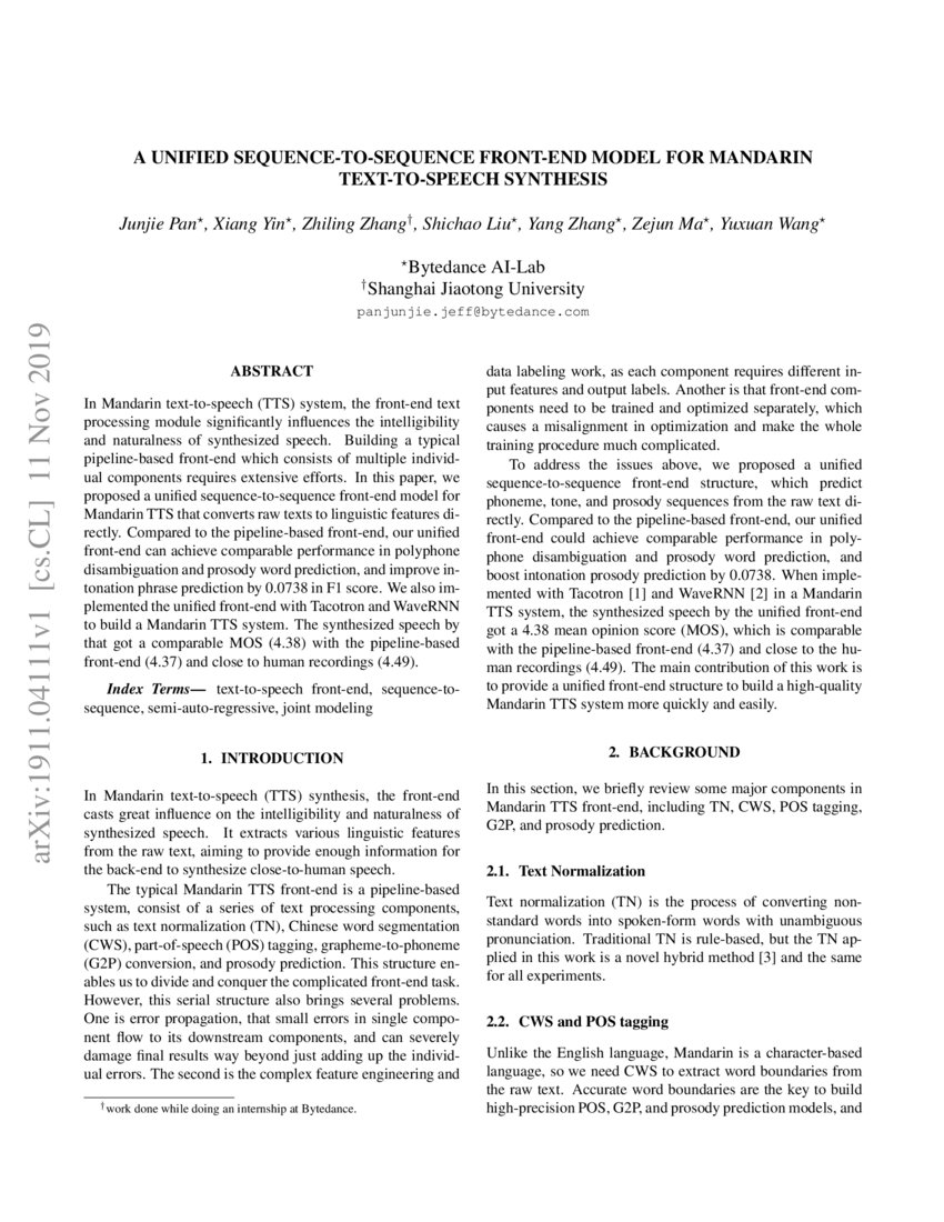 A unified sequence-to-sequence front-end model for Mandarin text-to-speech synthesis | DeepAI