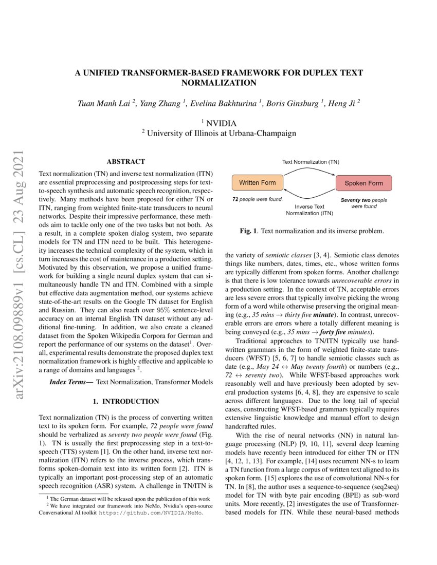 A Unified Transformer Based Framework For Duplex Text Normalization Deepai