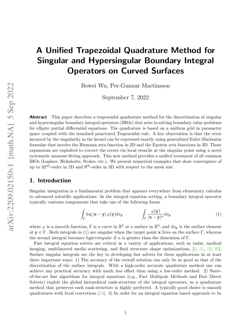 A Unified Trapezoidal Quadrature Method for Singular and Hypersingular Boundary Integral ...