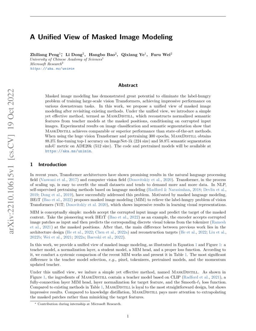 A Unified View of Masked Image Modeling | DeepAI