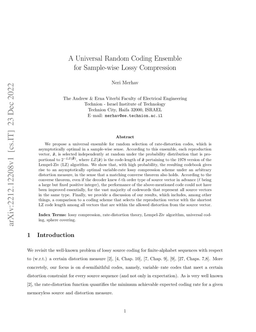 A Universal Random Coding Ensemble For Sample Wise Lossy Compression Deepai