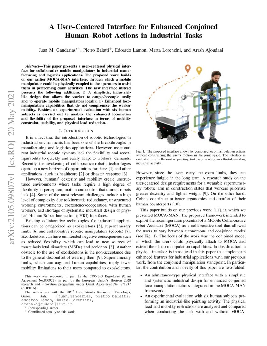 A User Centered Interface For Enhanced Conjoined Human Robot Actions In Industrial Tasks Deepai