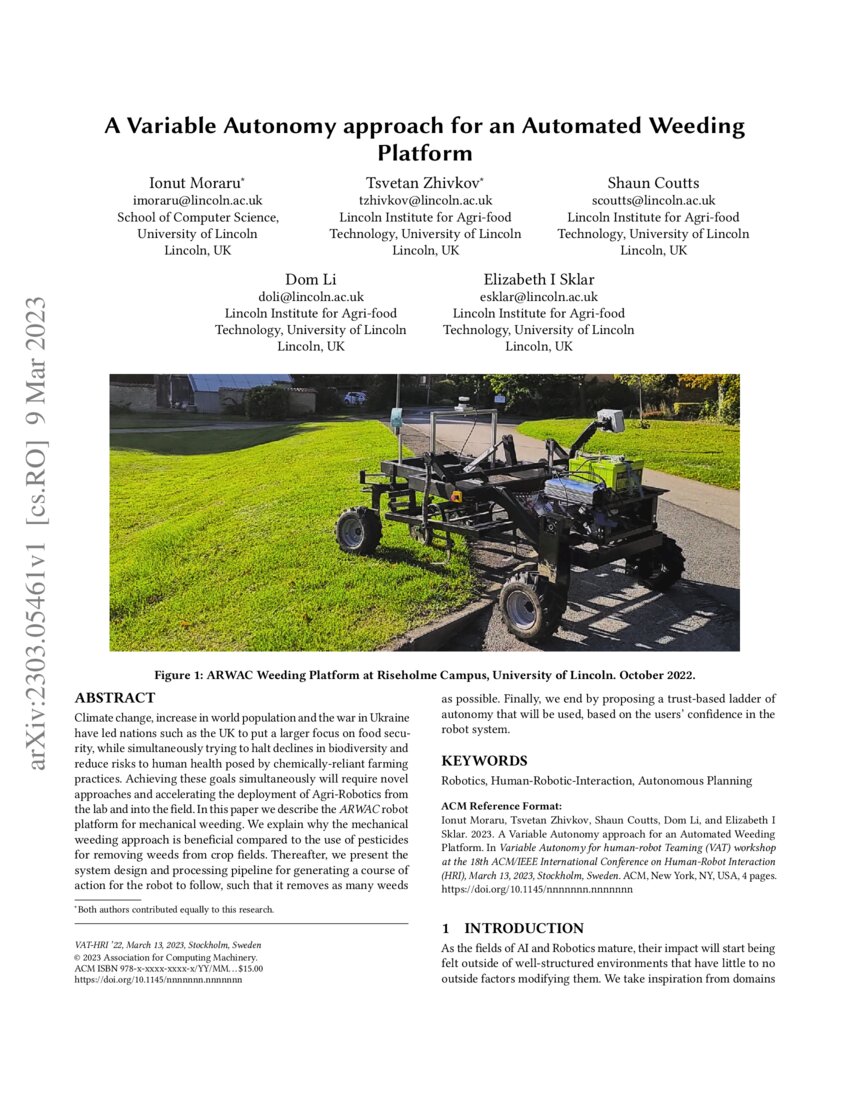 A Variable Autonomy approach for an Automated Weeding Platform | DeepAI