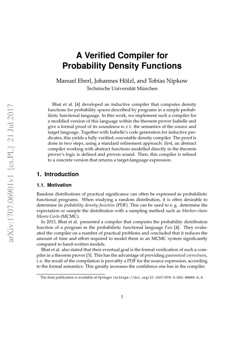 A Verified Compiler for Probability Density Functions | DeepAI