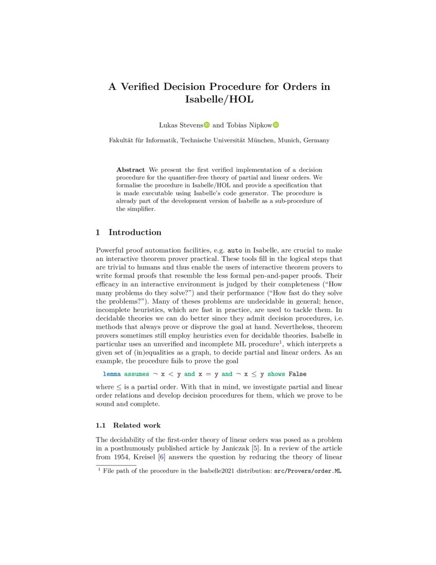 A Verified Decision Procedure for Orders in Isabelle/HOL | DeepAI