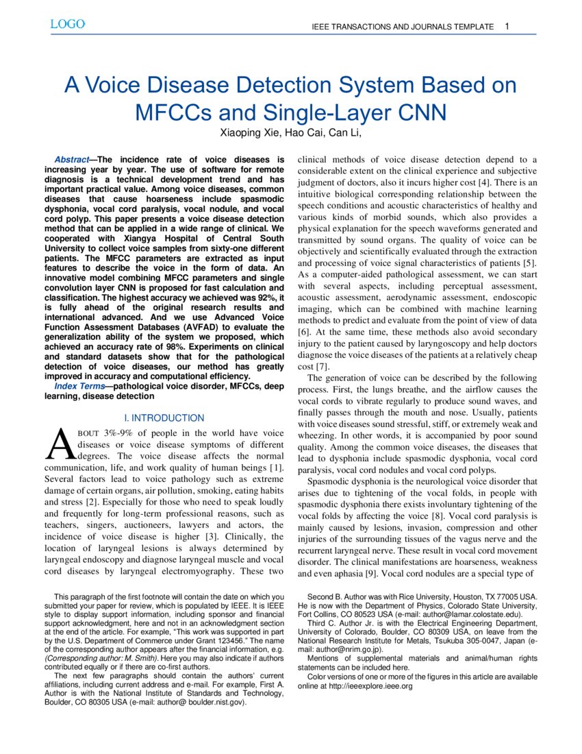 A Voice Disease Detection Method Based on MFCCs and Shallow CNN | DeepAI
